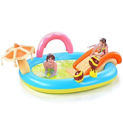 Inflatable Play Center, Hesung 98'' x 67'' x 32'' Kiddie Pool, Summer Inflatable Pool with Slide for Garden, Backyard Water Park, Fountain Arch, Extra Thick, Easy Set up for Ages 2+ Toddlers