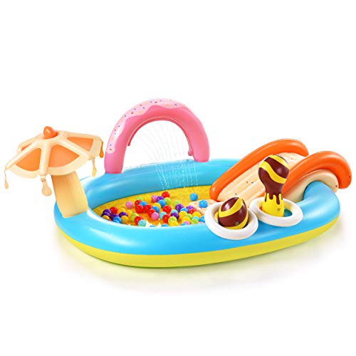 Inflatable Play Center, Hesung 98'' x 67'' x 32'' Kiddie Pool, Summer Inflatable Pool with Slide for Garden, Backyard Water Park, Fountain Arch, Extra Thick, Easy Set up for Ages 2+ Toddlers