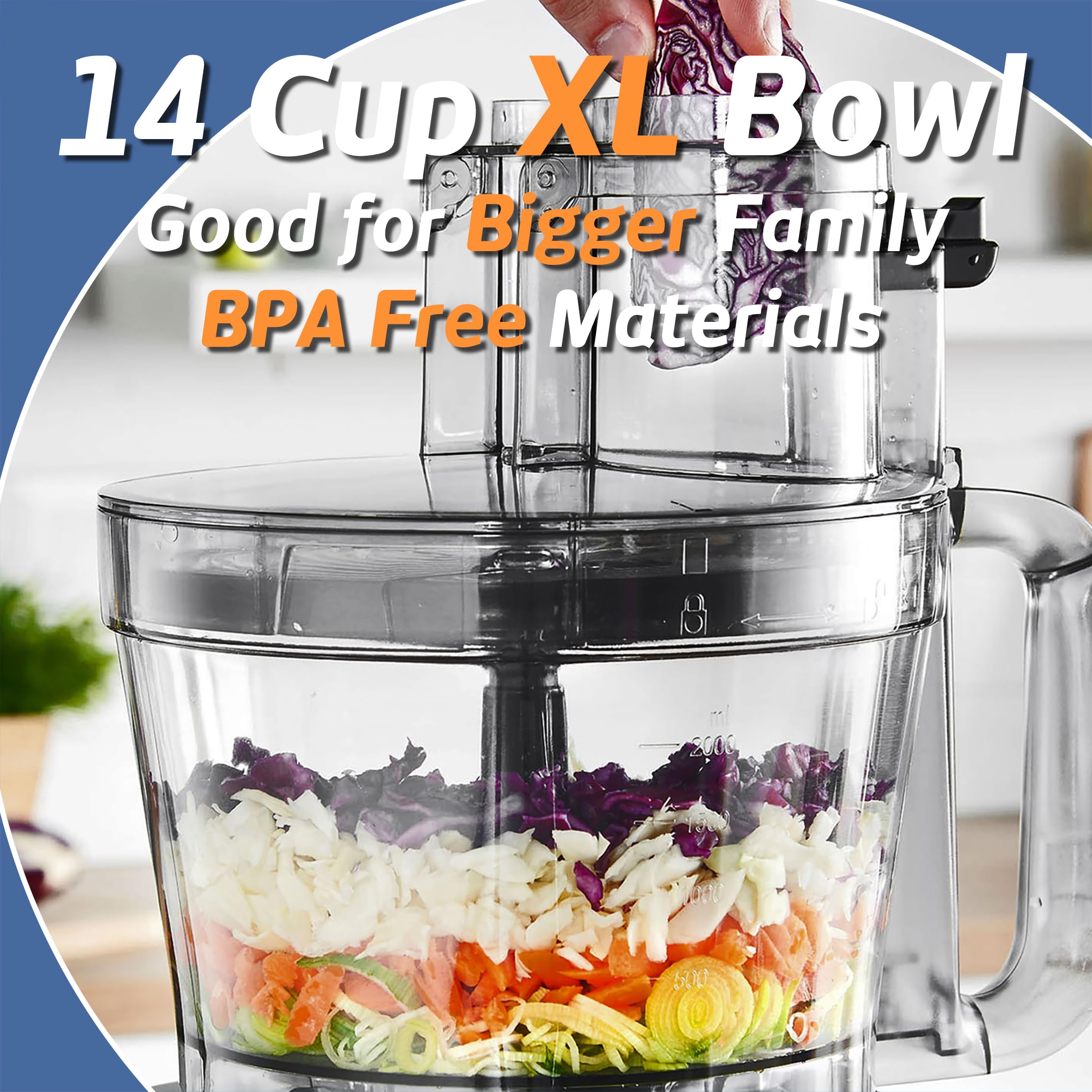 Magiccos 14-Cup French-Fry-Cutter Storage-Drawer Food-Processors - Large Feed Chute, Built-in Storage Drawer, Cheese Shredding, Meat Chopping, Shredding and Slicing, Mixing and Doughing, for Home Use