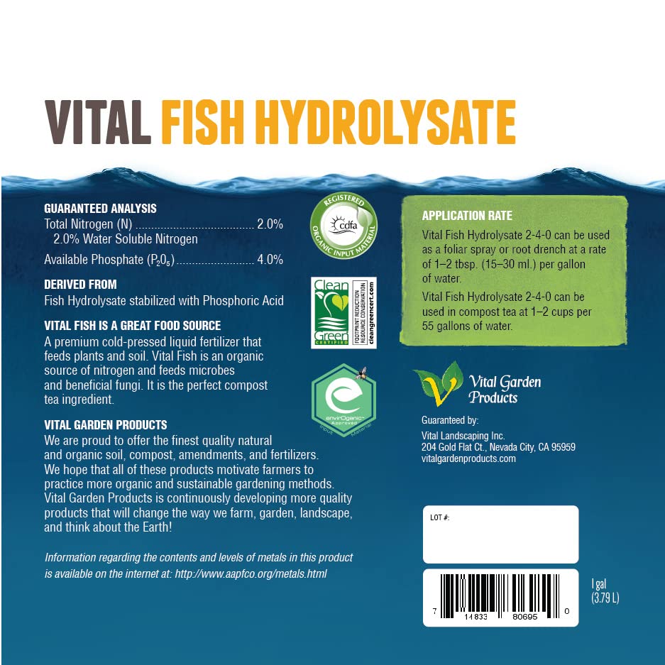 Vital Garden Supply - Vital Fish Hydrolysate 1 Gallon Jug - CDFA Organic Certified - Natural and Organic Cold Pressed Fish Fertilizer