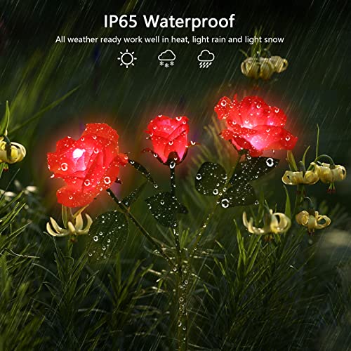 PINPON Outdoor Solar Flower Lights - 4 Pack Red Roses Lights Outdoor Garden Decorative with 16 Oversized Red Roses Flowers, 8 Modes Remote Control Switch for Garden, Lawn, Patio, Pond, Backyard
