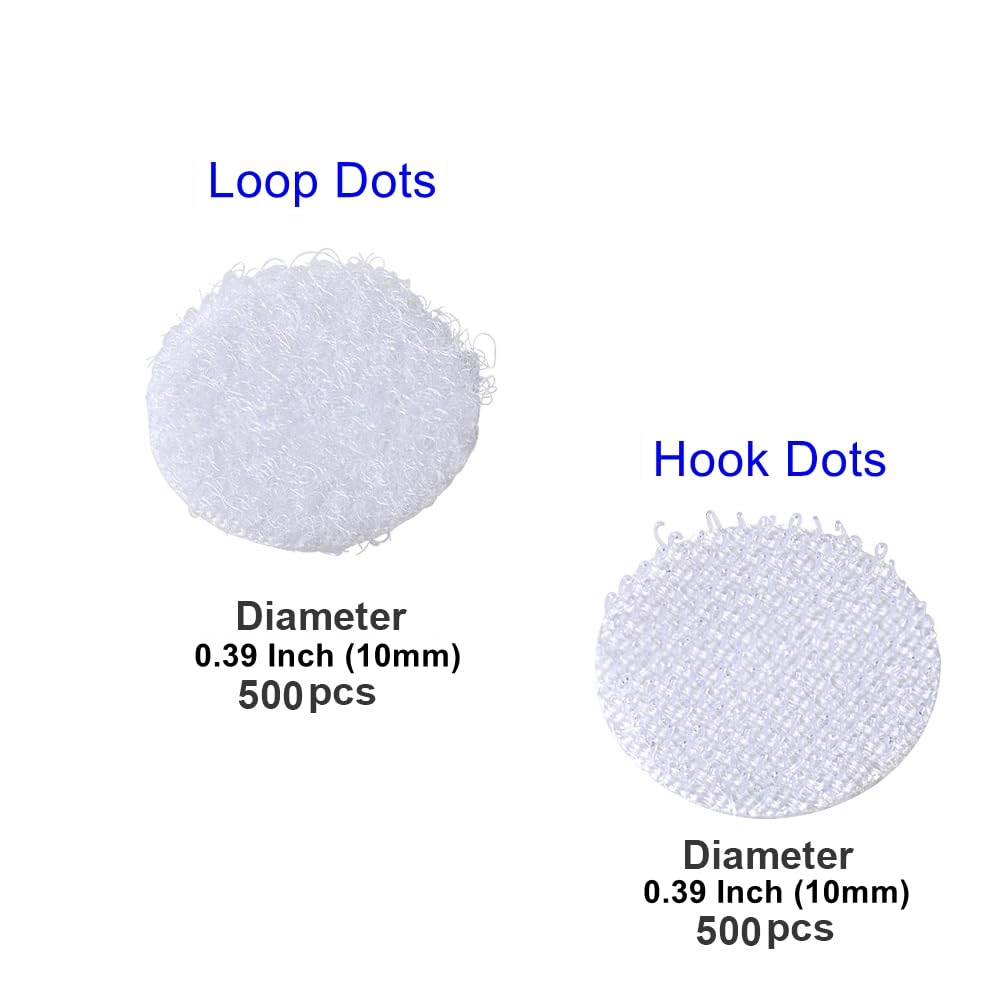 Self Adhesive Dots, 1000Pcs(500 Pair Set) 0.39 Inch / 10mm Diameter Hook and Loop Dots Tape, 10mm Nylon Sticky Back Coins, Suitable for Classroom, Office, Home, White