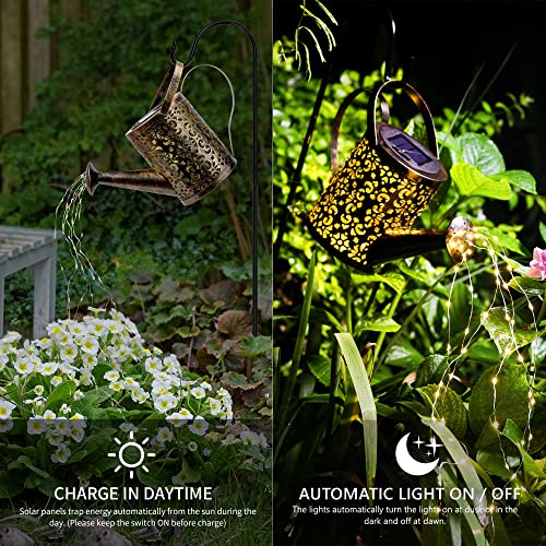 Dynaming 2 Pack Art Light LED Solar Waterfall Watering Can, Outdoor Decorative Garden Light, Retro Waterproof Copper Yard Party Decoration Stake Light for Pathway Lawn Patio Deck Walkway Courtyard