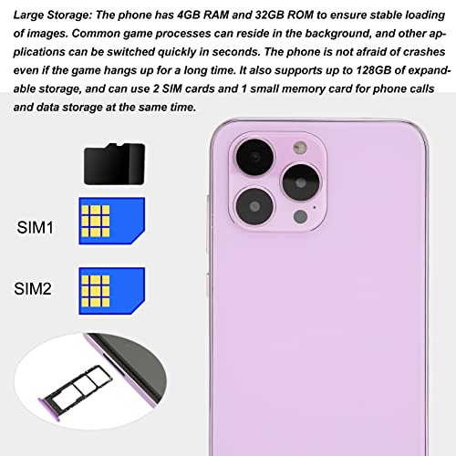 Unlocked Cell Phone, IP14 Pro Smartphone, 4GB 32GB ROM,6.1inch Face Recognition Mobile Phone, Dual Card Dual Standby, Cellphone for Android 10.1 (Purpl)