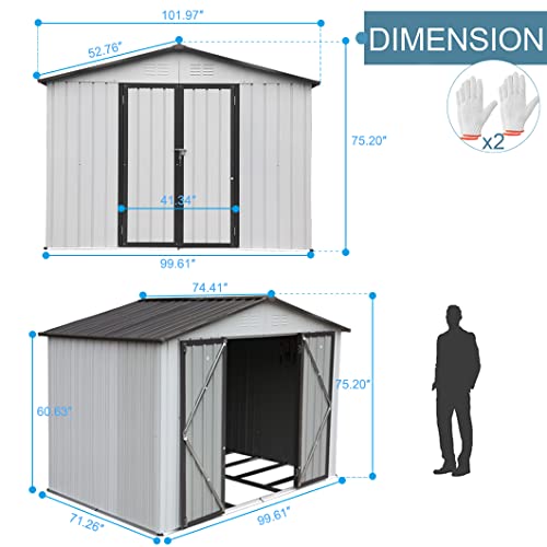 8' x 6' Outdoor Storage Shed,Garden Tool Shed with Floor Frame Kit,Hooks and Lockable Doors,Metal Shed Outside Storage Sheds for Backyard,Patio to Store Tools Bikes Lawn Mower(No Floor)