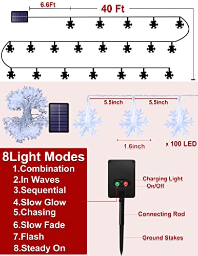[ Solar Powered & 8 Modes ] 100 LED 39.3 Ft Christmas Lights Decoration Snowflake String Lights Timer Fairy Lights Bedroom Patio Garden Party Xmas Decor Home Indoor Outdoor Christmas Tree (Cool White)