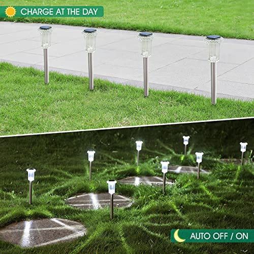 Eyrosa Solar Outdoor Lights, 10 Pack Solar Pathway Lights Outdoor Waterproof, Stainless Steel Solar Stake Lights for Garden Yard Path Walkway Driveway Lawn Decor - Cool White