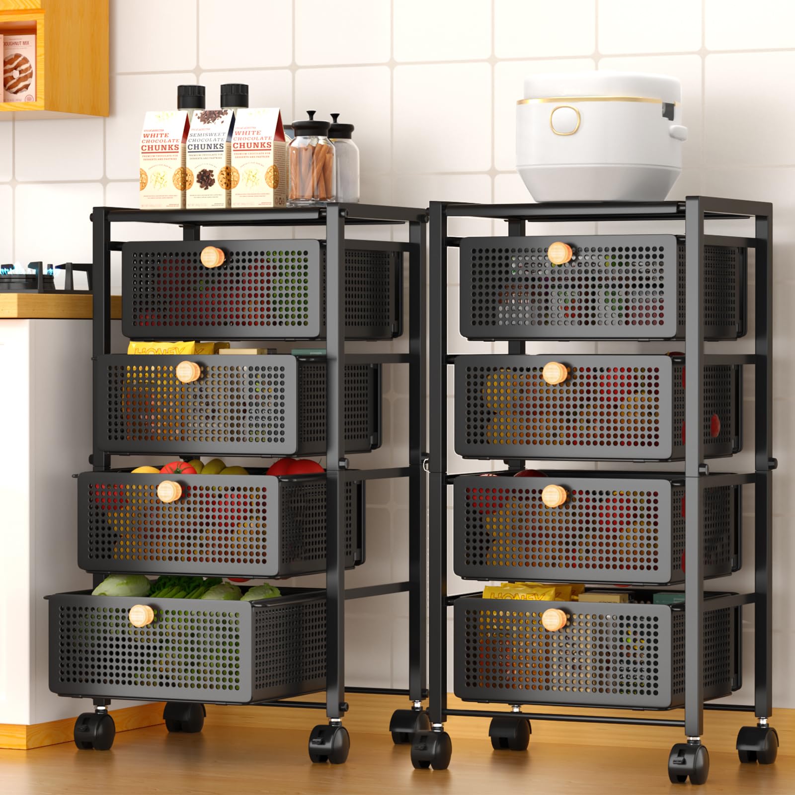 5 Tier Kitchen Rolling Cart with Drawers, Multipurpose Utility Cart, Storage Carts for Kitchen, Rolling Organization Carts with Lockable Wheels & Mesh Basket, Black