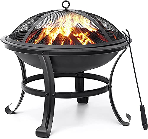 yingzheng Fire Pit,22in Portable Bonfire FirePits,Outdoor Firepit Steel BBQ Grill Fire Bowl with Spark Screen,for Backyard, Camping, Picnic, Bonfire, Garden Cover,Poker., Black