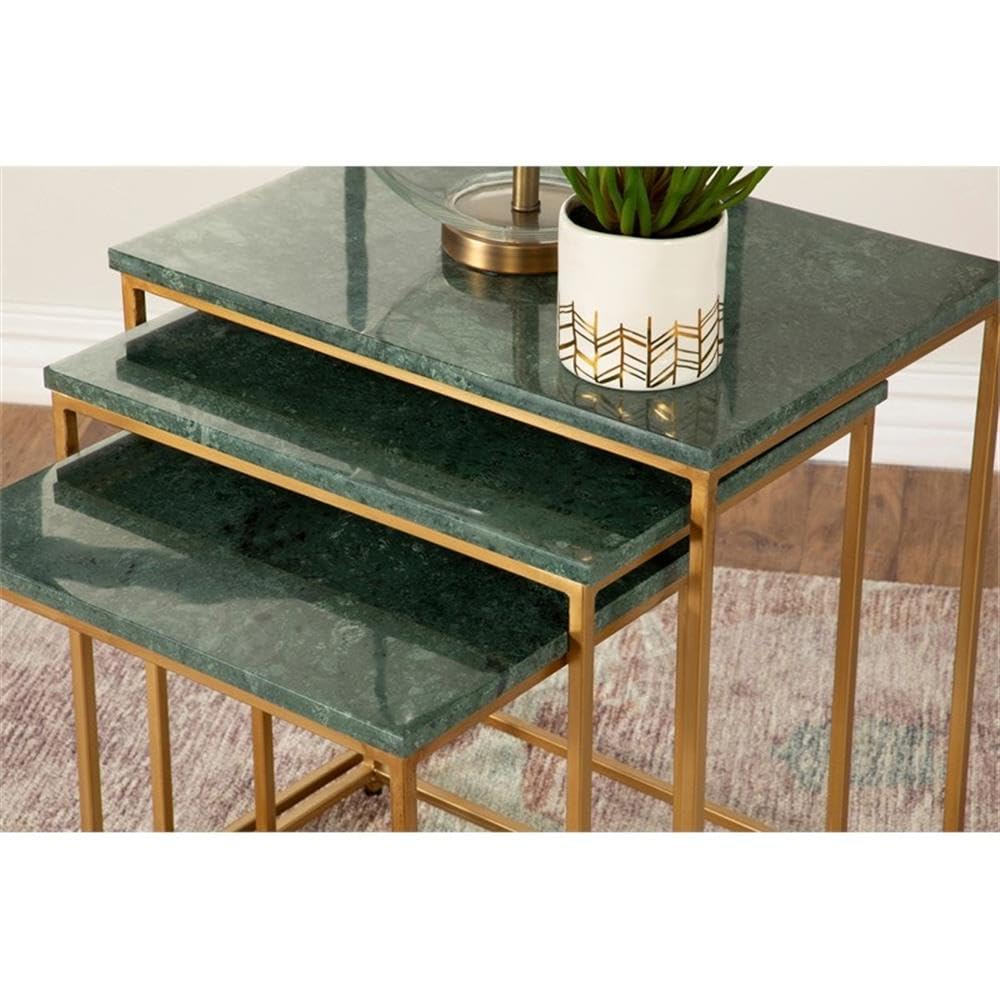 MAKLAINE 3-Piece Marble Top Nesting Table in Green/Antique Gold