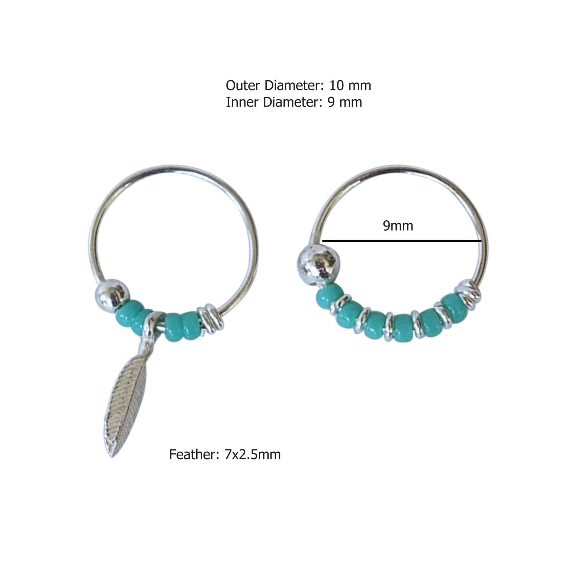Handmade Silver 2Pcs Small 10MM Cartilgae Helix Piercing Beaded Hoop Earrings, 925 Sterling Silver Thin 22Gauge Set of Two Turquoise Beads & Feather Hoops for women, By Miya Jewelry