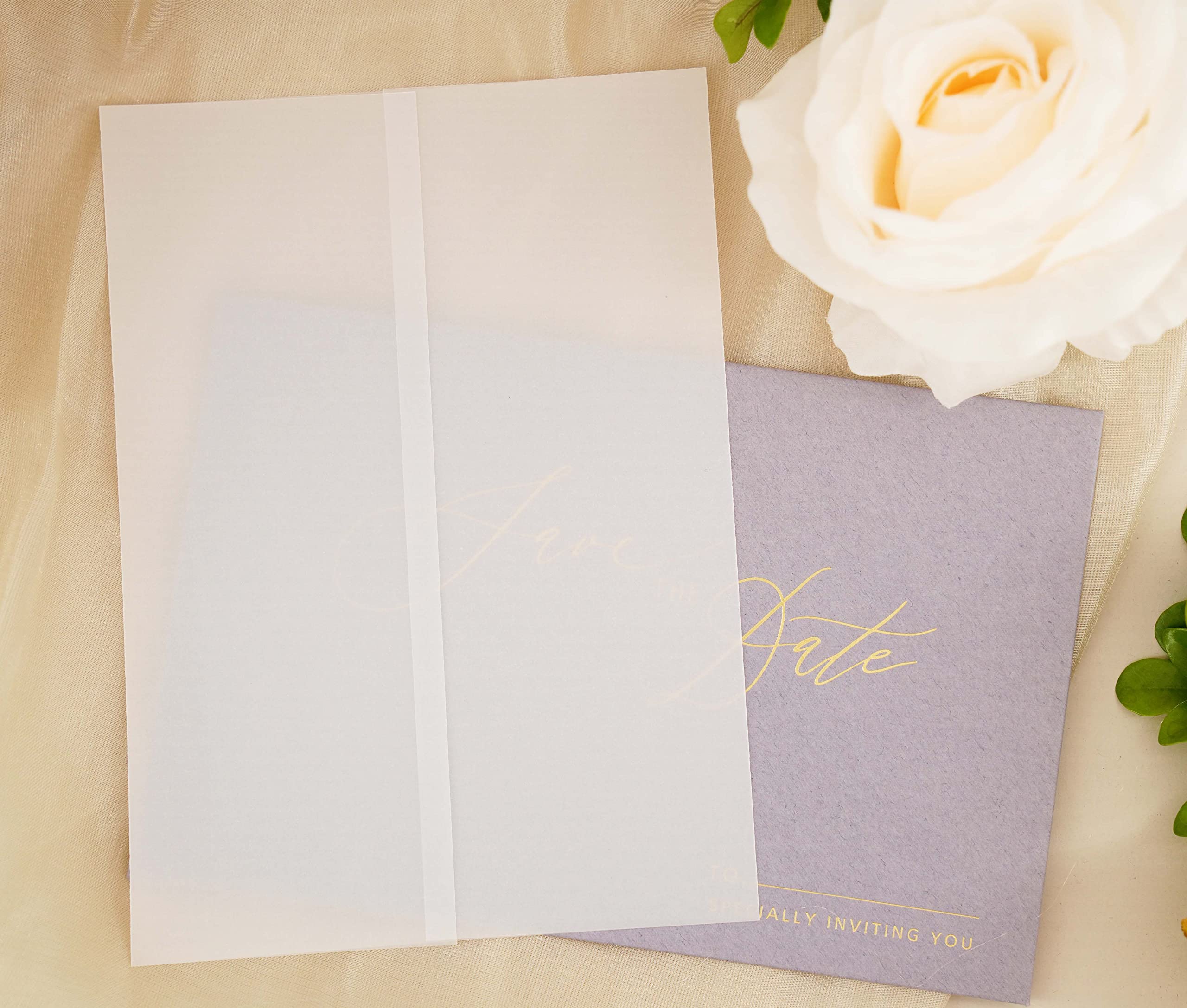 Puremigo 100 Pack Pre-Folded Vellum Jackets for 5x7 Invitations - Vellum Paper 5x7 Jackets - 115GSM Vellum Wedding Invitations Wraps - Transparent Wedding Invitations Jacket