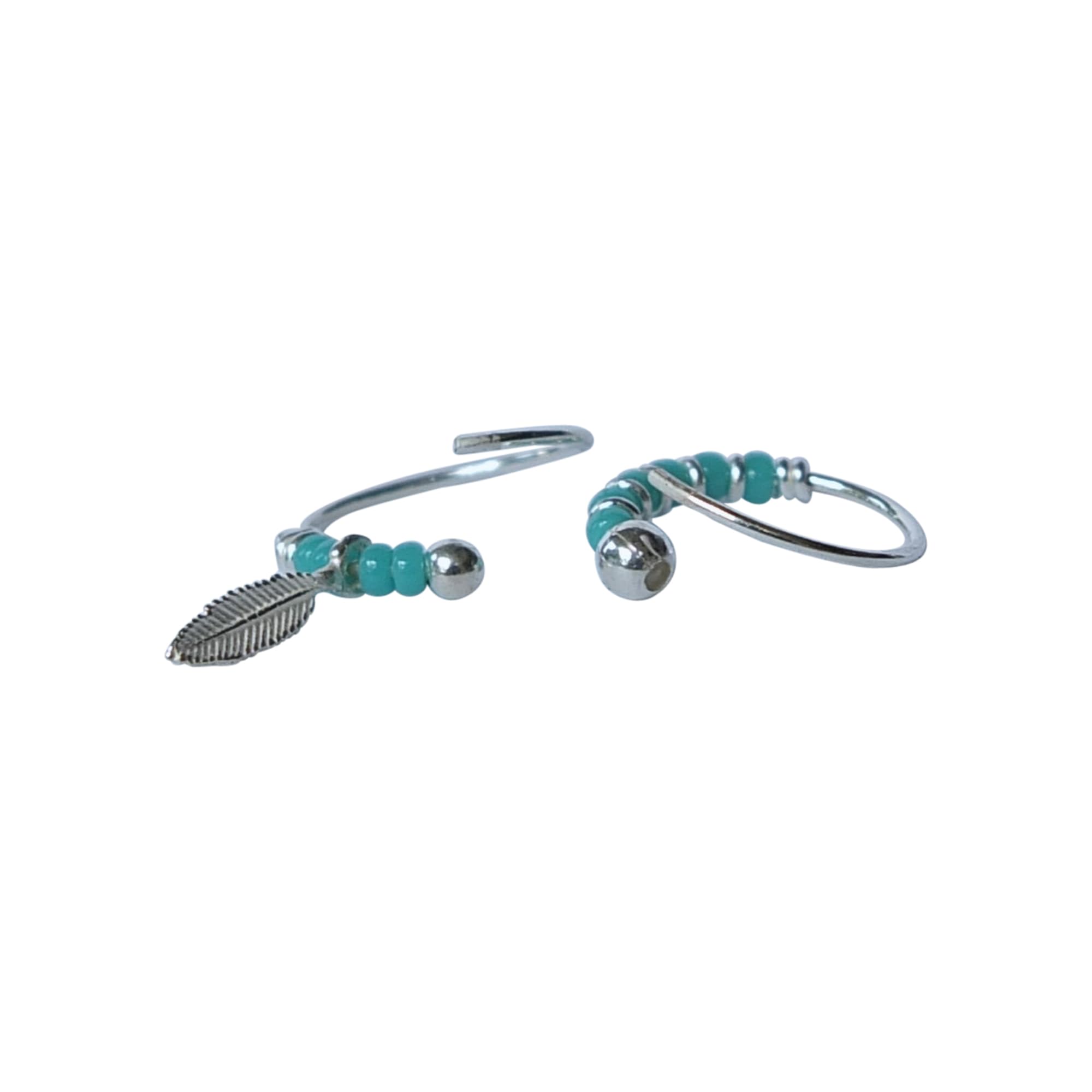 Handmade Silver 2Pcs Small 10MM Cartilgae Helix Piercing Beaded Hoop Earrings, 925 Sterling Silver Thin 22Gauge Set of Two Turquoise Beads & Feather Hoops for women, By Miya Jewelry