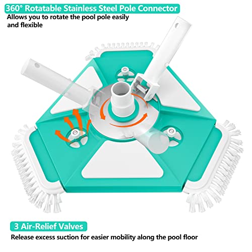 POOLKEY Upgraded Heavy Duty Pool Vacuum Head, Deluxe 15'' Triangular Shape with 18 Bottom & Corner Brushes, Wheels, 360° Rotatable Pole Connector Pool Vacuum Head for Above Ground Pool Inground Pools