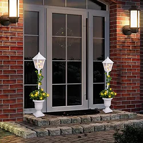 GREATDAY 3.5-feet Home Decorated Pre-Lit Lamp Post with Artificial Plants and 20 LED Lights with Timer by Batteries Operated for Front Door,Entryway, Patio Porch Home Decorations,Garden Use