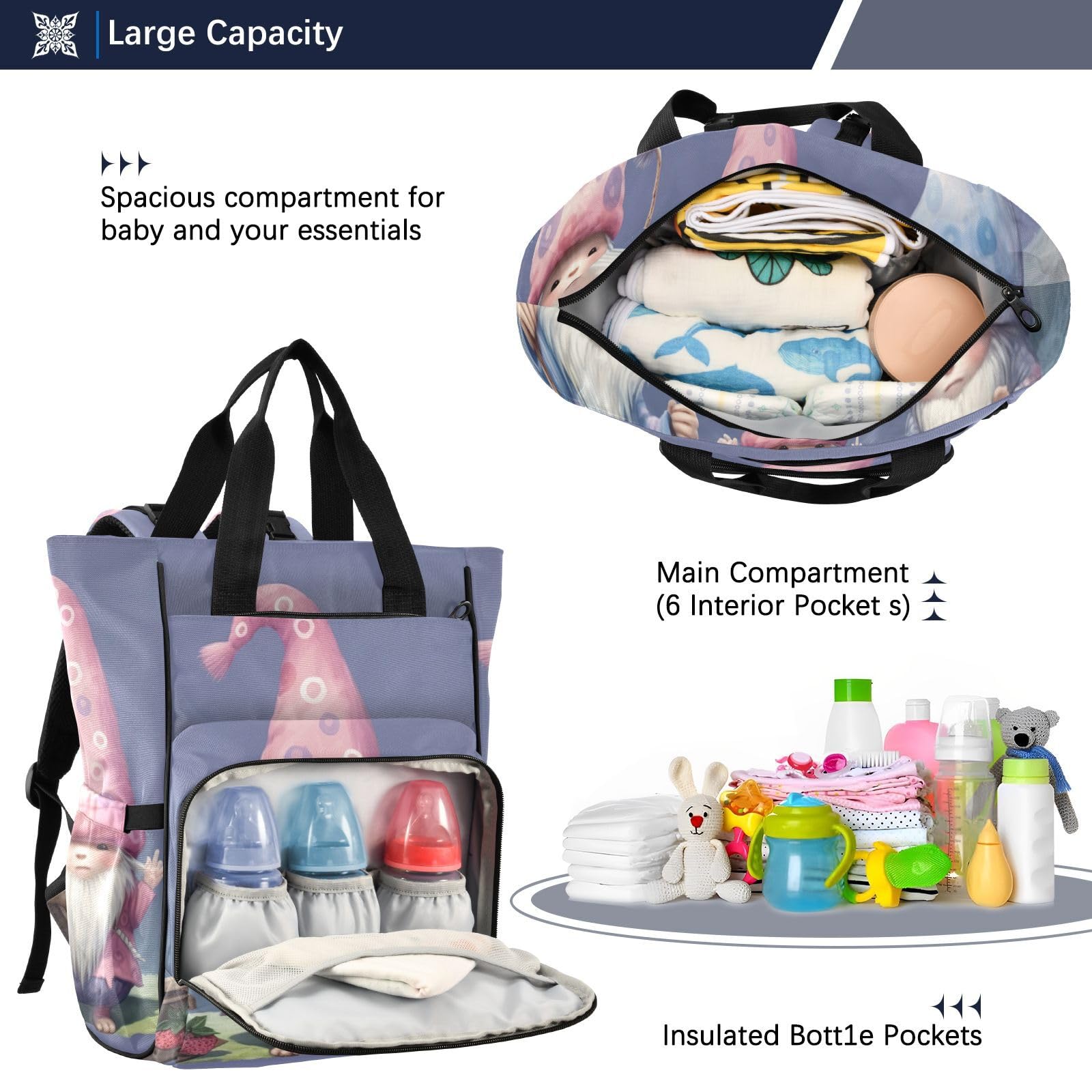 xigua Cute Gnomes Diaper Bag Backpack Multi Function Baby Changing Bags Waterproof Large Capacity Travel Back Pack for Mom Dad