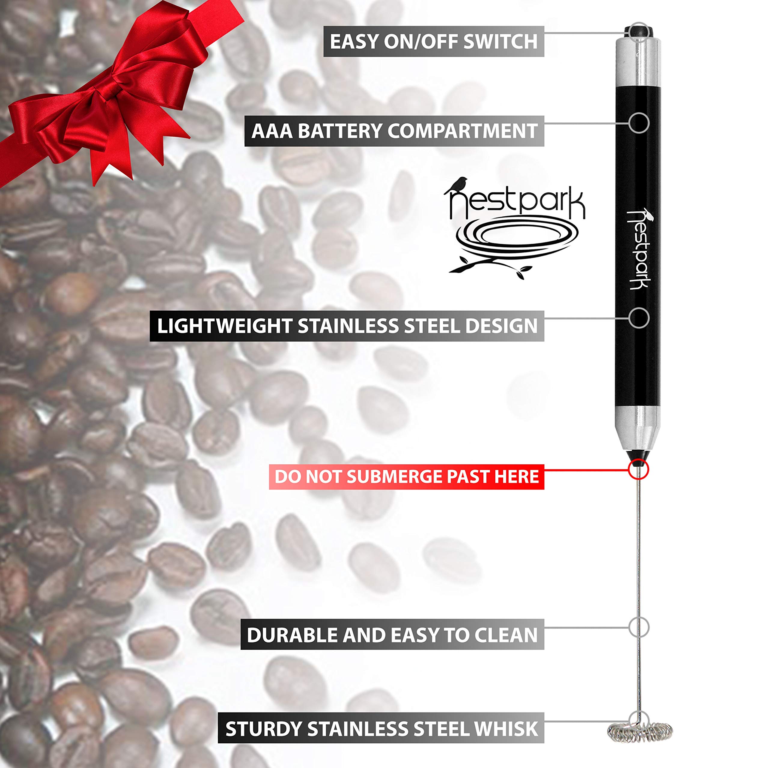 Nestpark Portable Drink Mixer Small Handheld Electric Stick Blender - Cordless and Battery Operated Bulletproof Keto Coffee Blender