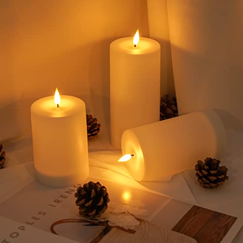 VIODAIM Solar Candles Outdoor Waterproof: Flameless Flickering Pillar LED Candles Set of 3 Dusk to Dawn Rechargeable Sensor Lights 3x4/5/6 Inch White