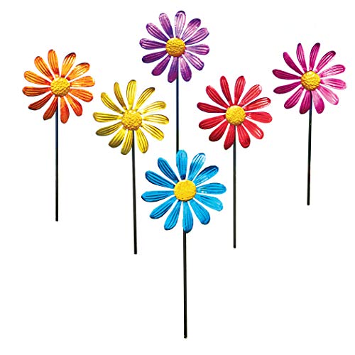 Collections Etc Colorful Seasonal Daisy Petal Spinners, Metal Stakes - Set of 6-18" Tall - Spring, Summer Seasonal Decor - for Gardens, Yards, & Front Lawns