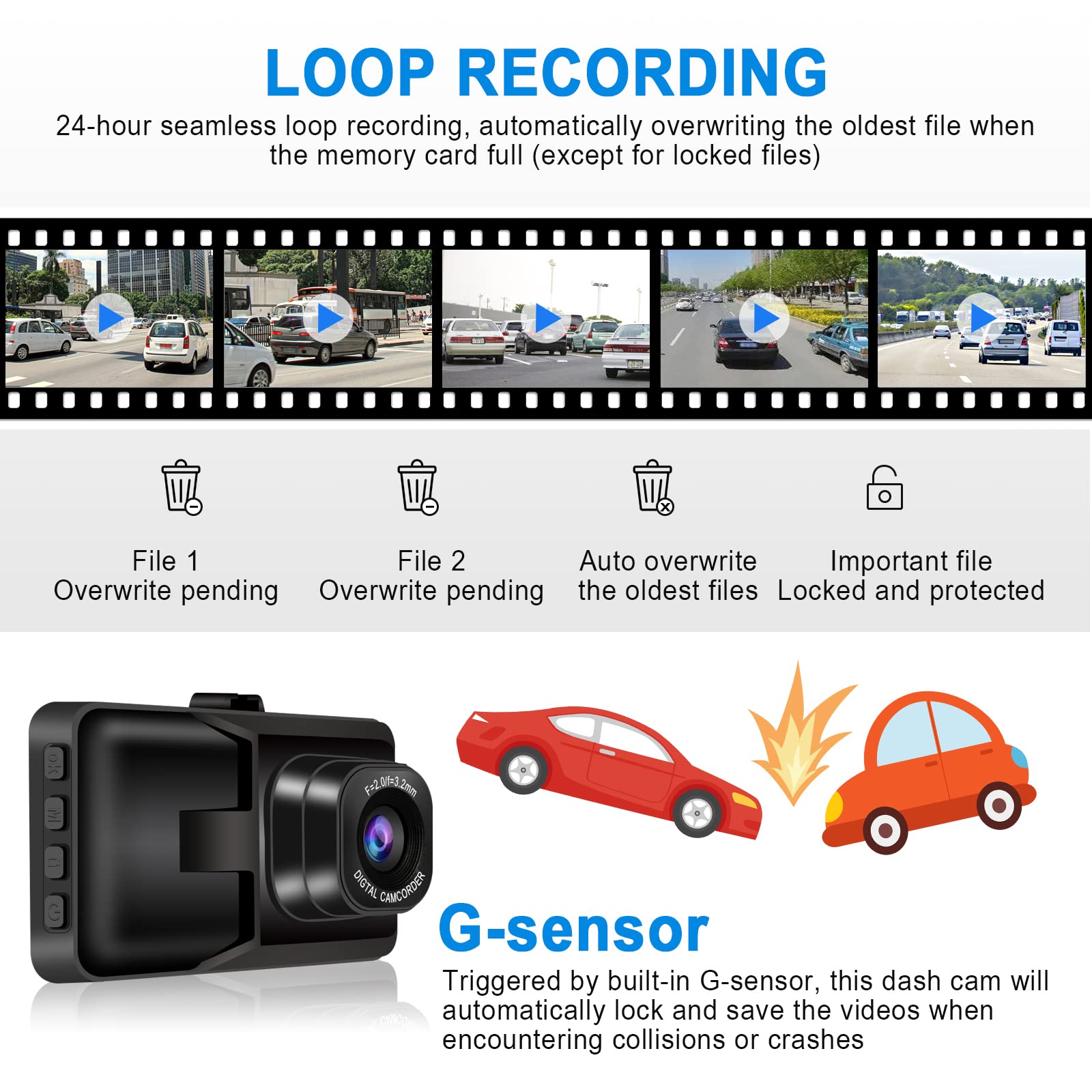 Dash Cam 720P Full HD, On-Dashboard Camera Video Recorder Dashcam for Cars with 3" LCD Display, Night Vision, WDR, Motion Detection, Parking Mode, 120° Wide Angle
