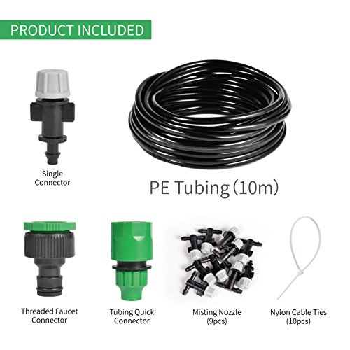 Kadaon 10m Home Garden Patio Misting Micro Flow Drip Irrigation Misting Cooling System with 10pcs Plastic Mist Nozzle Sprinkler for Plant Flower