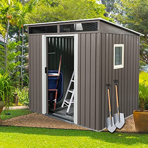 6ft X 4.5ft Outdoor Storage Shed, Galvanized Metal Garden Shed with Window and Metal Foundation, Tool Storage Shed for Patio Lawn Backyard (Gray-with The window-6ftx4.5ft)