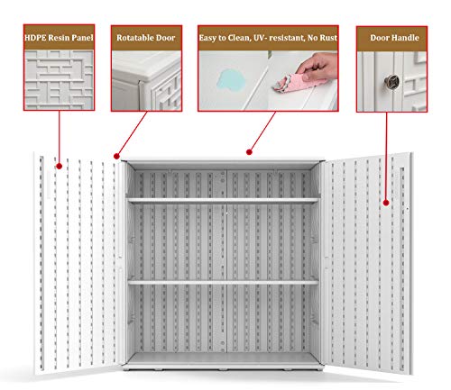 HOMSPARK Medium Resin Storage Cabinet Waterproof, 60-Gallon Indoor & Outdoor Deck Box for Garden Tools, kitchen Accessories, with 2 Laminate Shelves, (34 in. L x 15 in. W x 36 in. H, Light Beige)
