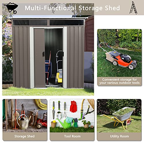 6ft X 4.5ft Outdoor Storage Shed, Galvanized Metal Garden Shed with Window and Metal Foundation, Tool Storage Shed for Patio Lawn Backyard (Gray-with The window-6ftx4.5ft)