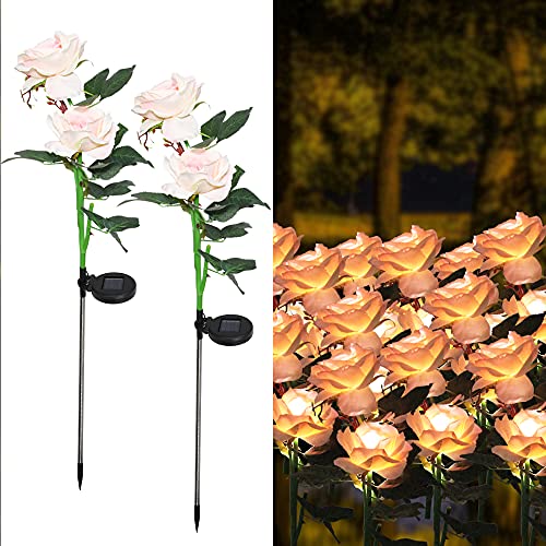 MIKK Solar Garden Stake Flower Lights, 2pack Outdoor Decorative Floral Lights, LED Artificial Waterproof Yard In-Ground Lights Lights for Garden Lawn Patio Backyard.（Pink Rose）