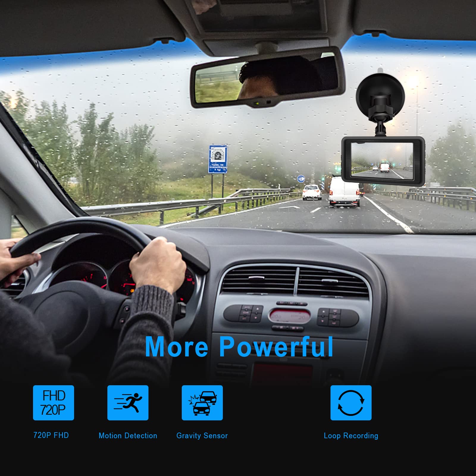 Dash Cam 720P Full HD, On-Dashboard Camera Video Recorder Dashcam for Cars with 3" LCD Display, Night Vision, WDR, Motion Detection, Parking Mode, 120° Wide Angle