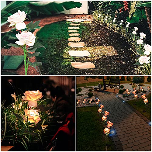 MIKK Solar Garden Stake Flower Lights, 2pack Outdoor Decorative Floral Lights, LED Artificial Waterproof Yard In-Ground Lights Lights for Garden Lawn Patio Backyard.(Pink Rose)