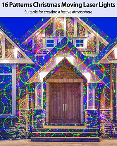 Lunhoo 16 Patterns Christmas Moving Laser Lights, RGB Outdoor Laser Projector, Garden Christmas Decorative Lights for Indoor, Outdoor, Home, Garden