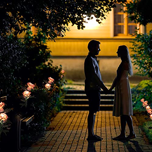 MIKK Solar Garden Stake Flower Lights, 2pack Outdoor Decorative Floral Lights, LED Artificial Waterproof Yard In-Ground Lights Lights for Garden Lawn Patio Backyard.(Pink Rose)