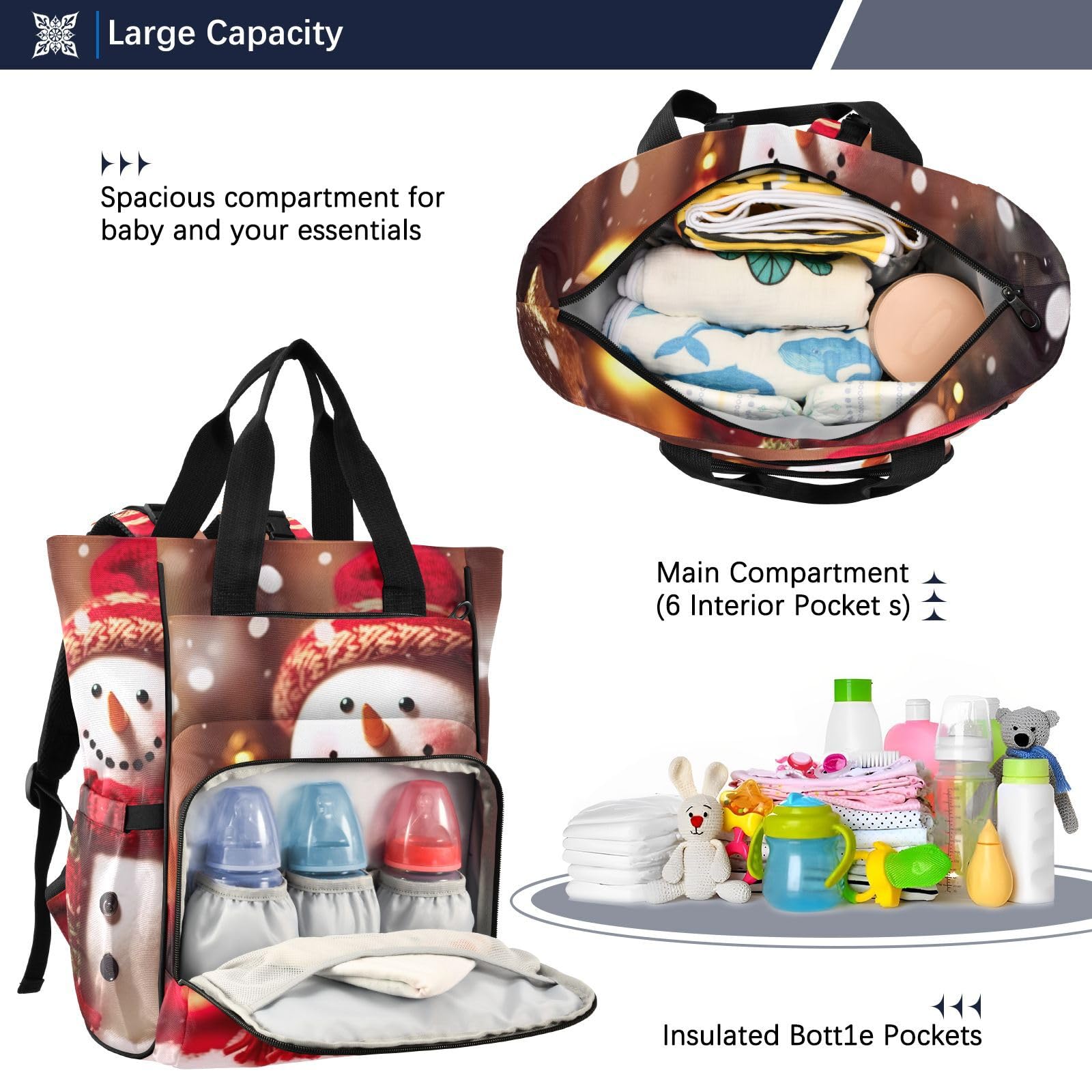 xigua Christmas Snowman Diaper Bag Backpack Multi Function Baby Changing Bags Waterproof Large Capacity Travel Back Pack for Mom Dad