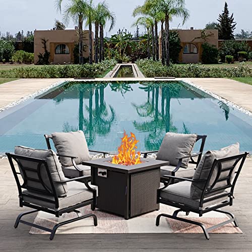 Grand patio 5PCS Patio Furniture Sets with 30 Inch 50,000 BTU Steel Square Propane Fire Pit Table,4 Rocking Metal Frame Chairs with Gray Cushions