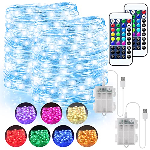 2 Pack 16.4ft 50 LED Battery Operated Lights & USB Powered Fairy Lights, 16 Color Twinkle Lights with Remote Waterproof LED String Lights for Bedroom Garden Patio Party Indoor Outdoor Decor(132 Modes)