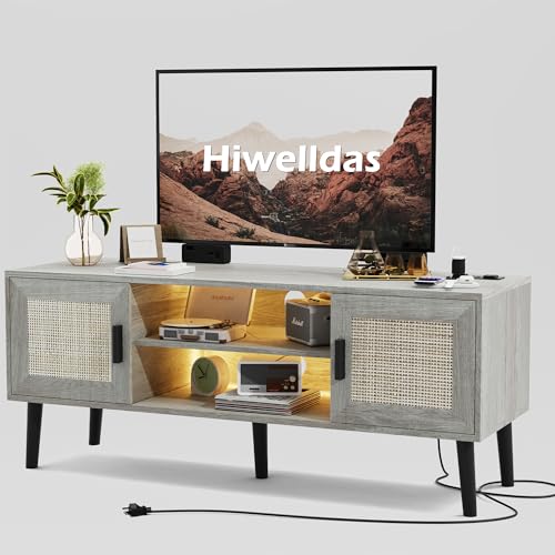 Hiwelldas TV Stand for 55 inch TV with Charging Station & 2 USB Ports Entertainment Center with Rattan Doors & Adjustable Shelf & LED Strip Boho Media Console for Living Room, Bedroom (Light Grey)