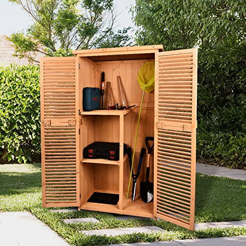JOVNO Outdoor 63" Wood Storage Shed Tool Organizer Garden Storage Cabinet with Waterproof Roof, Lockable Doors, 3-Tier Shelves for Patio Lawn Backyard Home Garage