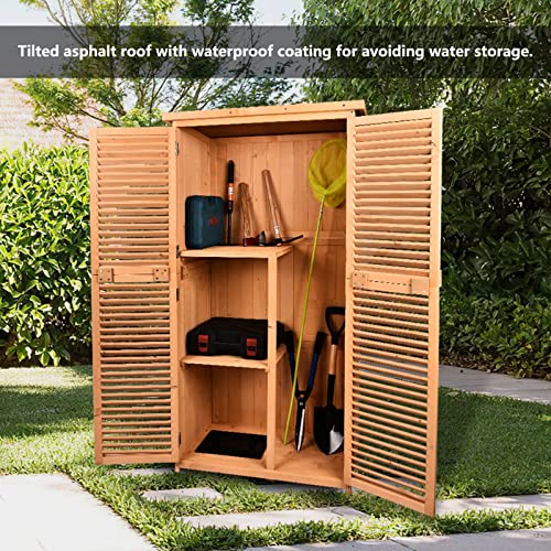 JOVNO Outdoor 63" Wood Storage Shed Tool Organizer Garden Storage Cabinet with Waterproof Roof, Lockable Doors, 3-Tier Shelves for Patio Lawn Backyard Home Garage