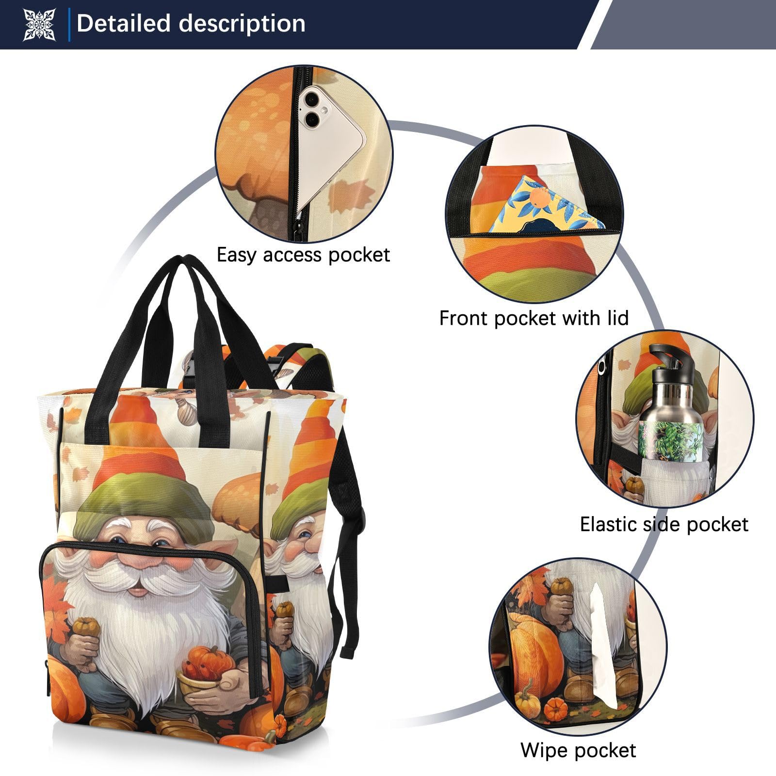 xigua Autumn Gnome Diaper Bag Backpack Multi Function Baby Changing Bags Waterproof Large Capacity Travel Back Pack for Mom Dad