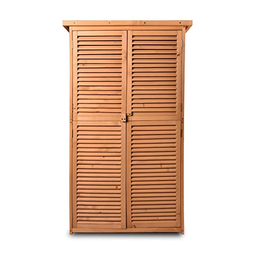 JOVNO Outdoor 63" Wood Storage Shed Tool Organizer Garden Storage Cabinet with Waterproof Roof, Lockable Doors, 3-Tier Shelves for Patio Lawn Backyard Home Garage