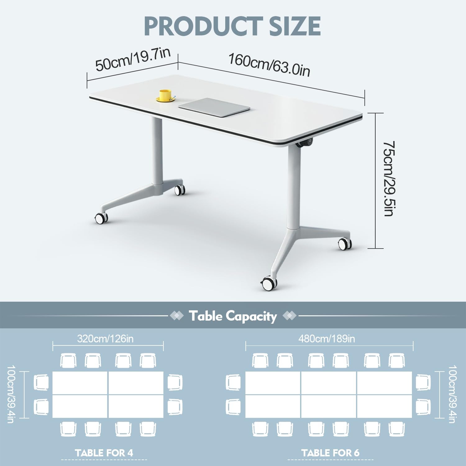 Conference Table Foldable Meeting Tables,4 Pcs Flip Top Mobile Training Table Modern White Portable Table with Silent Wheels, 62.9 "D x 23.6" W x 29.5 "H for Office,Meeting Room,Classroom