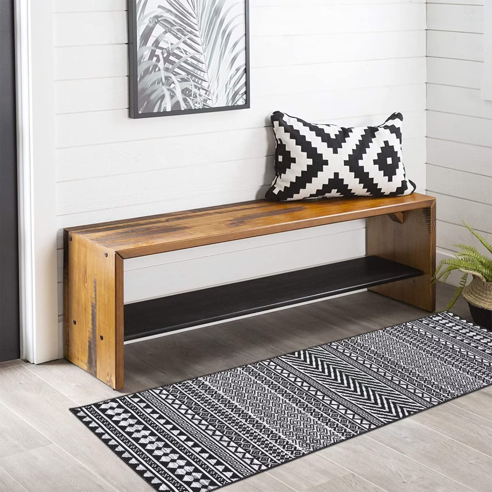 COZYLOOM Washable Rug 2x12 Vintage Low Pile Entryway Rug Runner Boho Geometric Hallway Runners Moroccan Distressed Runner Rug Kitchen Mat Chenille Living Room Home Office Runner Rug, Black