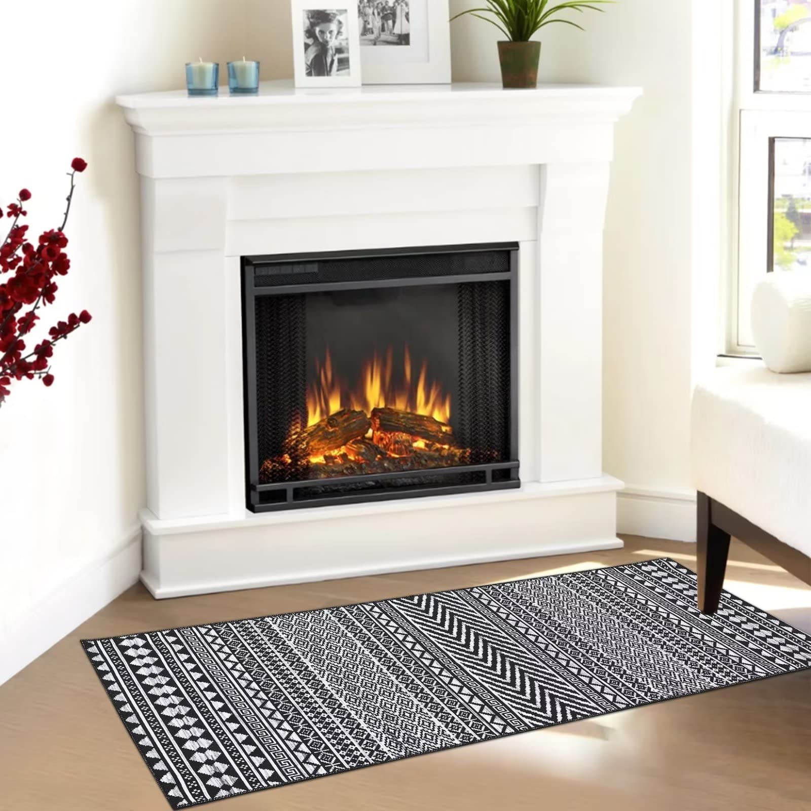 COZYLOOM Washable Rug 2x12 Vintage Low Pile Entryway Rug Runner Boho Geometric Hallway Runners Moroccan Distressed Runner Rug Kitchen Mat Chenille Living Room Home Office Runner Rug, Black