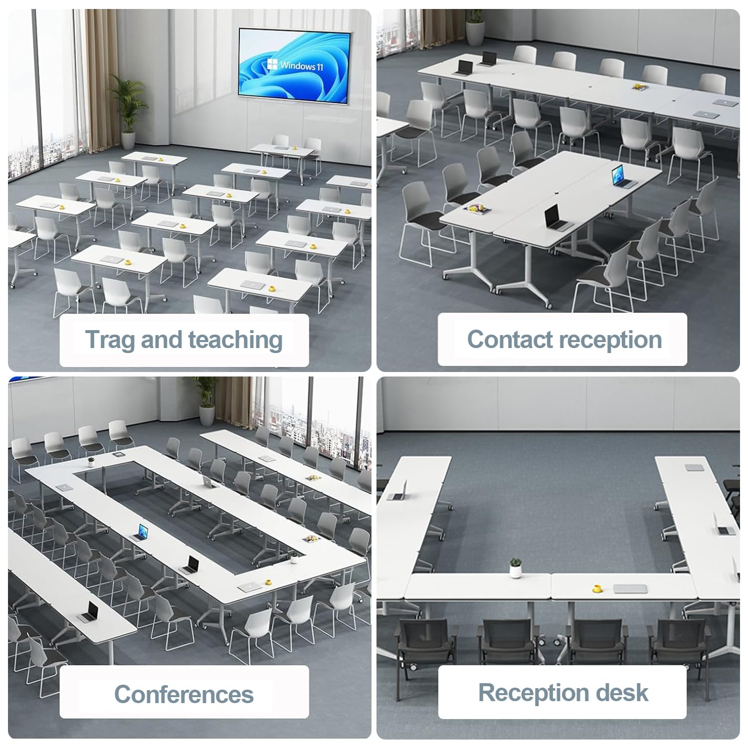 Conference Table Foldable Meeting Tables,4 Pcs Flip Top Mobile Training Table Modern White Portable Table with Silent Wheels, 62.9 "D x 23.6" W x 29.5 "H for Office,Meeting Room,Classroom