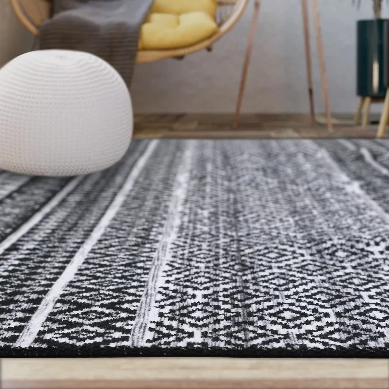 COZYLOOM Washable Rug 2x12 Vintage Low Pile Entryway Rug Runner Boho Geometric Hallway Runners Moroccan Distressed Runner Rug Kitchen Mat Chenille Living Room Home Office Runner Rug, Black