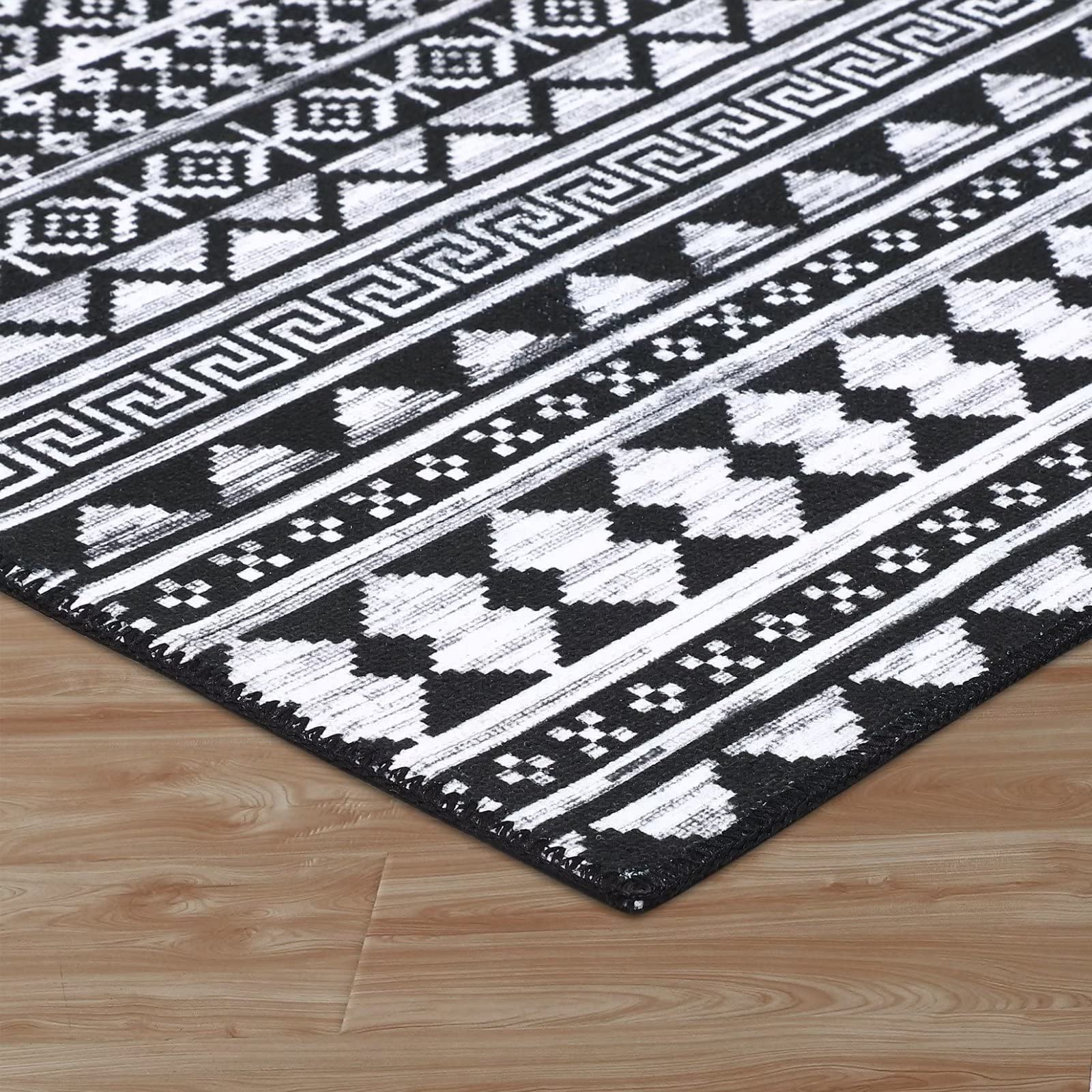 COZYLOOM Washable Rug 2x12 Vintage Low Pile Entryway Rug Runner Boho Geometric Hallway Runners Moroccan Distressed Runner Rug Kitchen Mat Chenille Living Room Home Office Runner Rug, Black