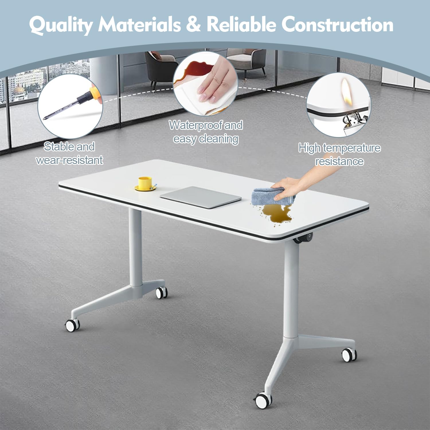 Conference Table Foldable Meeting Tables,4 Pcs Flip Top Mobile Training Table Modern White Portable Table with Silent Wheels, 62.9 "D x 23.6" W x 29.5 "H for Office,Meeting Room,Classroom