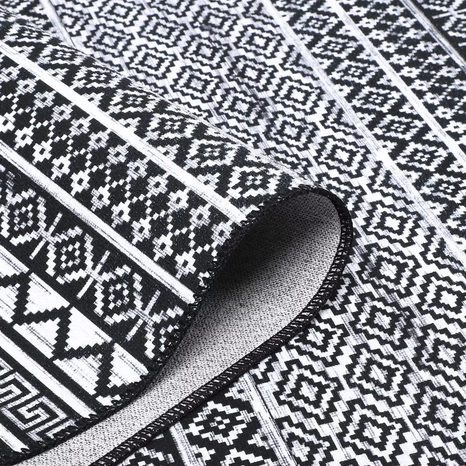 COZYLOOM Washable Rug 2x12 Vintage Low Pile Entryway Rug Runner Boho Geometric Hallway Runners Moroccan Distressed Runner Rug Kitchen Mat Chenille Living Room Home Office Runner Rug, Black