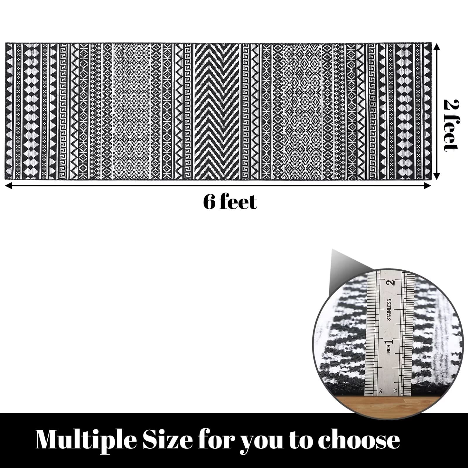 COZYLOOM Washable Rug 2x12 Vintage Low Pile Entryway Rug Runner Boho Geometric Hallway Runners Moroccan Distressed Runner Rug Kitchen Mat Chenille Living Room Home Office Runner Rug, Black